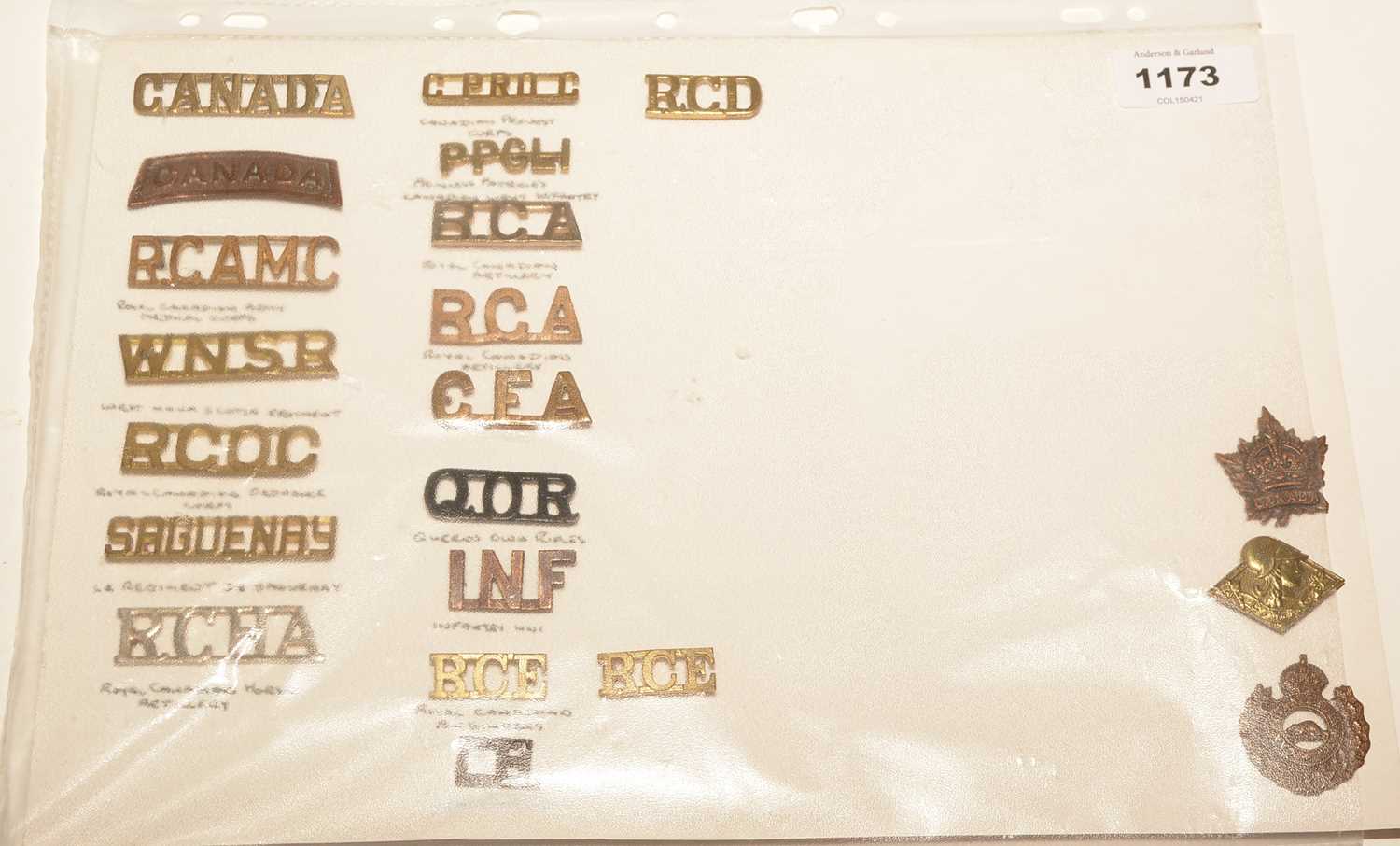 Lot 1173 - A collection of 18 Canadian shoulder titles.